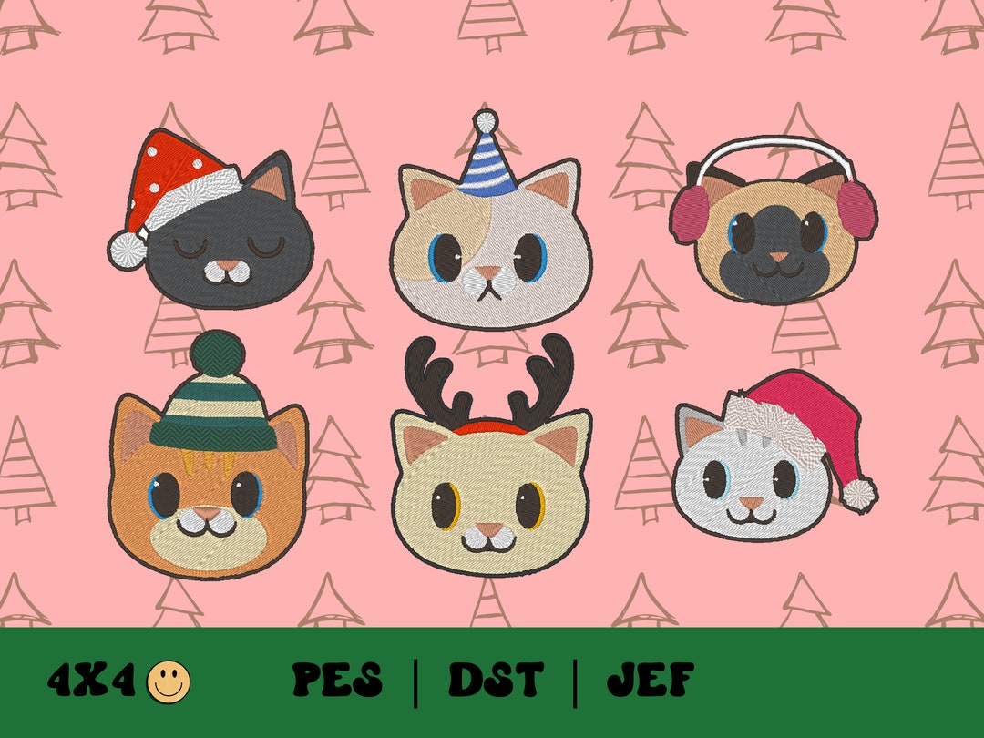 Christmas Cats Embroidery File Bundle // PES, DST, Jef, Santa Cat, Cute ...
