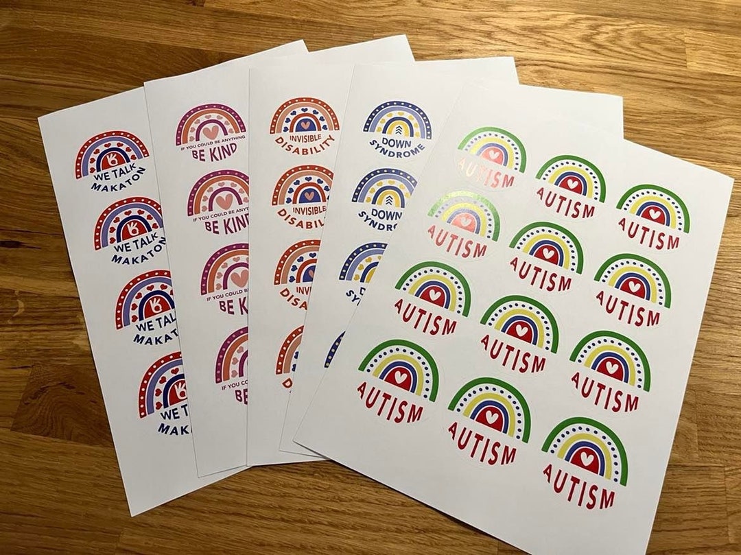 Awareness Stickers . (58mm) We Talk Makaton, Down Syndrome, Autism, Be ...