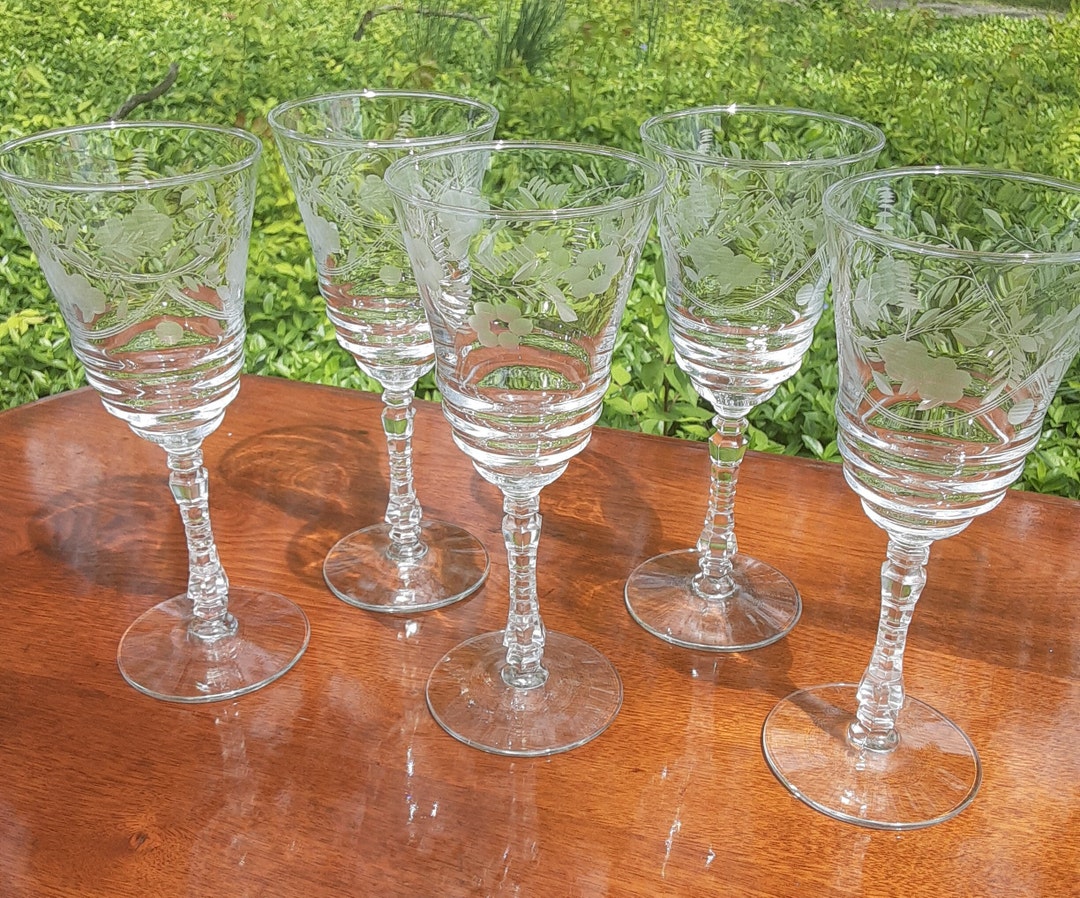 Vintage Etched Libbey Wine Water Goblets-5 Vintage Clear Etched Wine Glasses-libbey Rock Sharpe ...