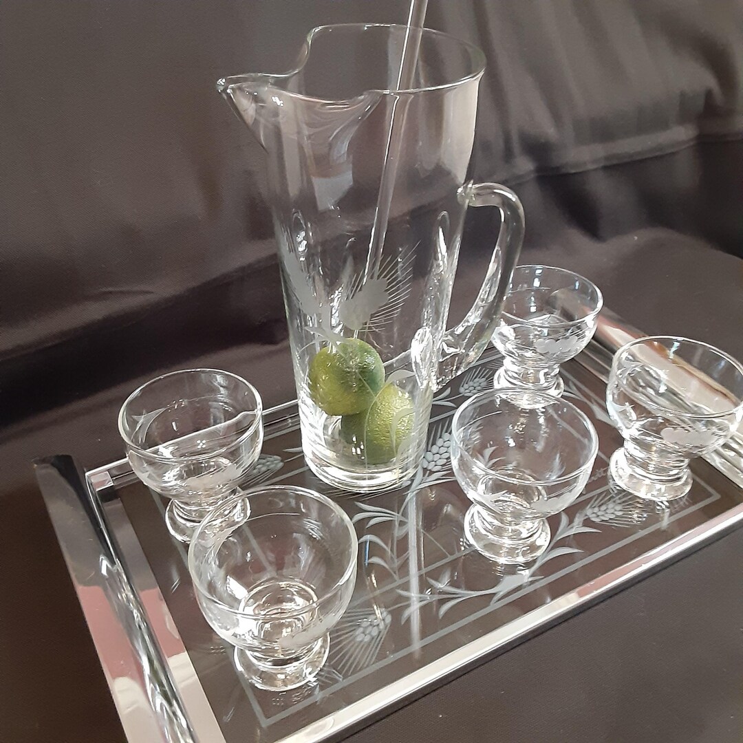 Vintage Etched Crystal Cocktail Set-mid-century 8-pc. Crystal Bar Set ...