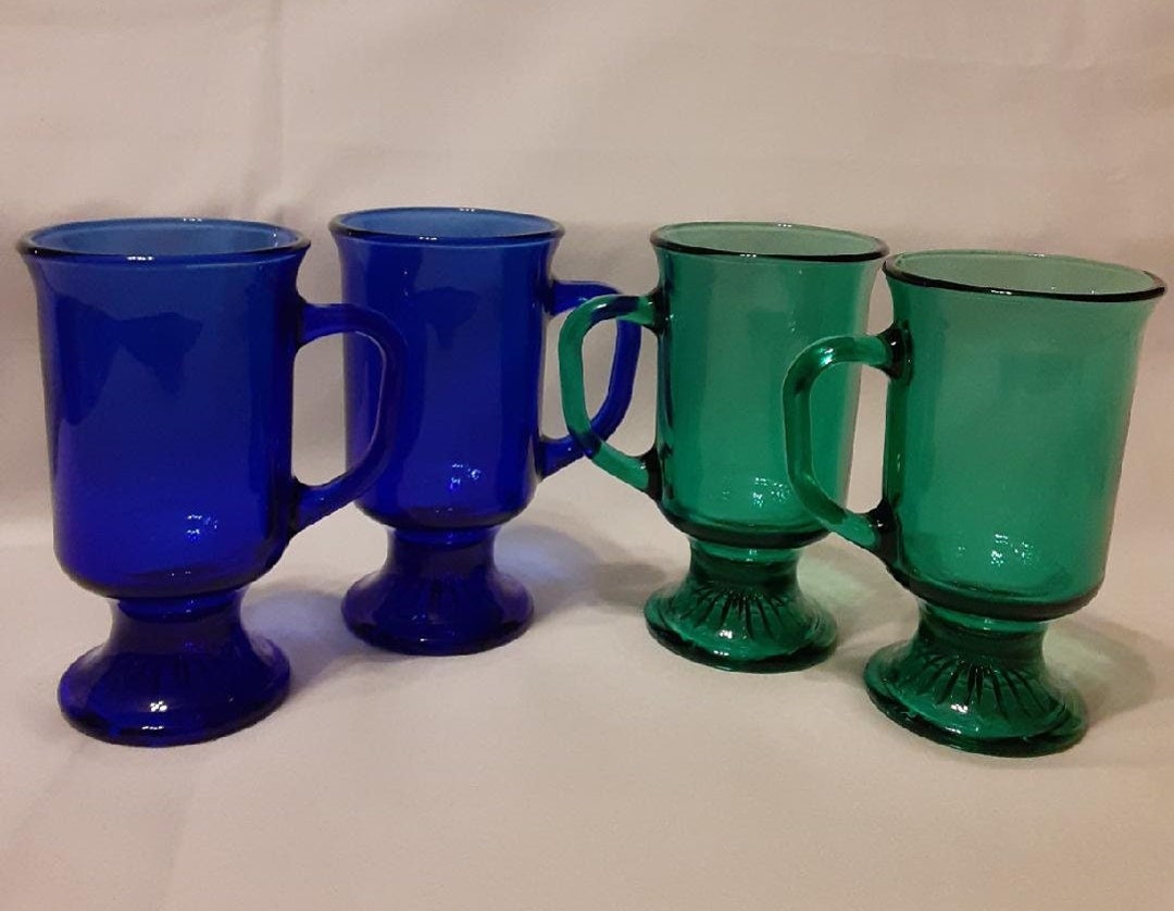 Anchor Hocking Footed Egg Nog Coffee Mugs-cobalt Blue Glass Irish ...