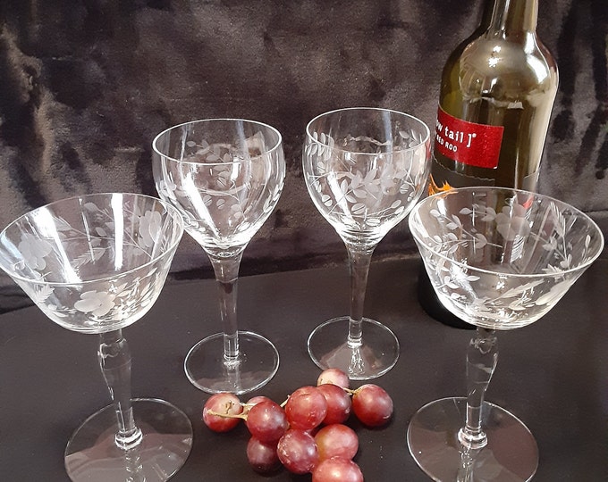 Mismatched Crystal Etched Wine Glasses Set Of 4 Vintage Nick And Nora Cocktail Glasses Mixed