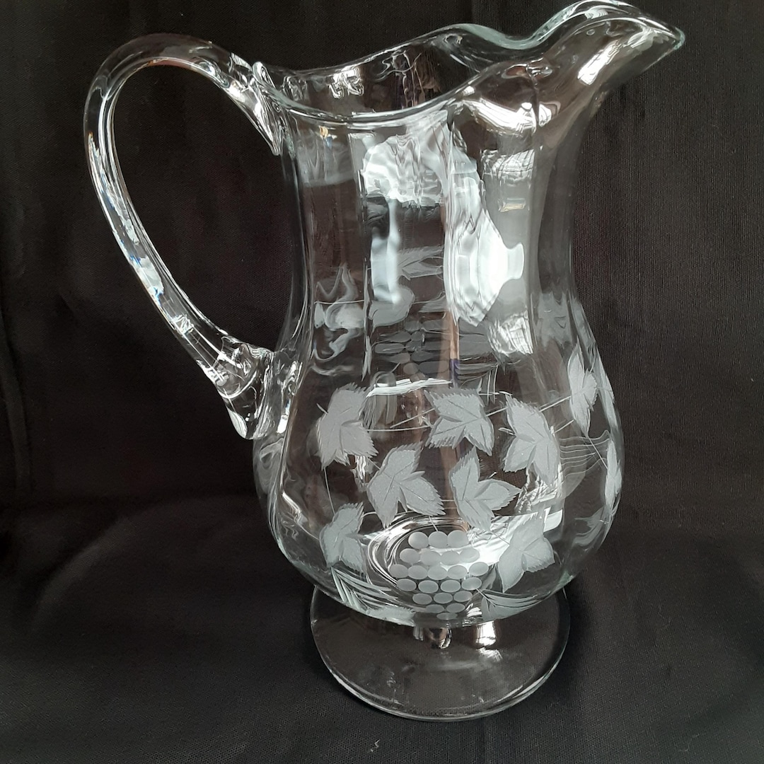 Vintage Hand Blown Etched Footed Glass Pitcher-frosted Leaves and ...