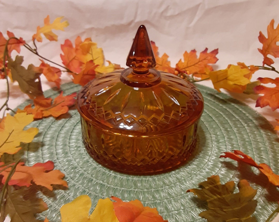 Amber Indiana Glass Candy Dish With Lid, Retro 1970's Amber Glass ...