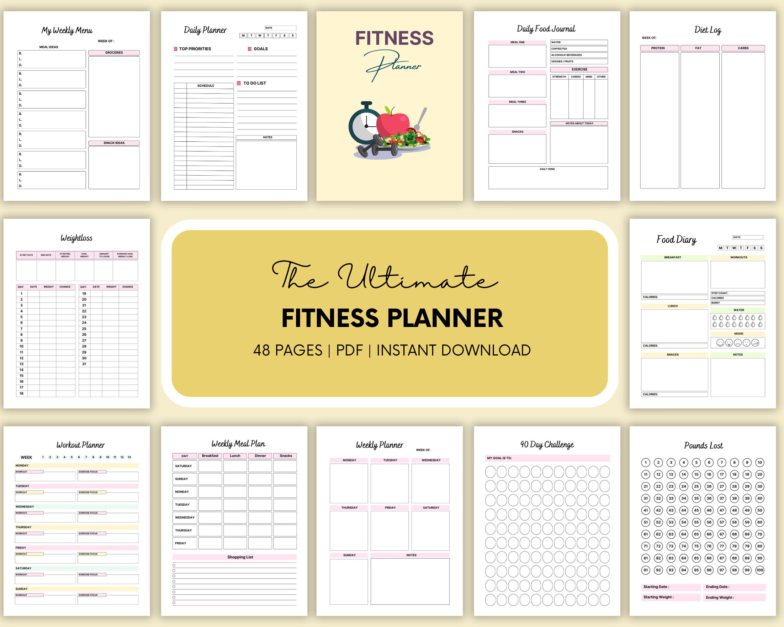 Printable Fitness Planner, Weight Loss Tracker, Printable Workout ...