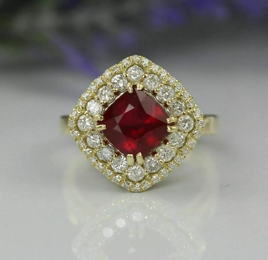 Lab Grown Ruby Cushion Cut 925 Sterling Silver Ring, Gorgeous Round Cut ...