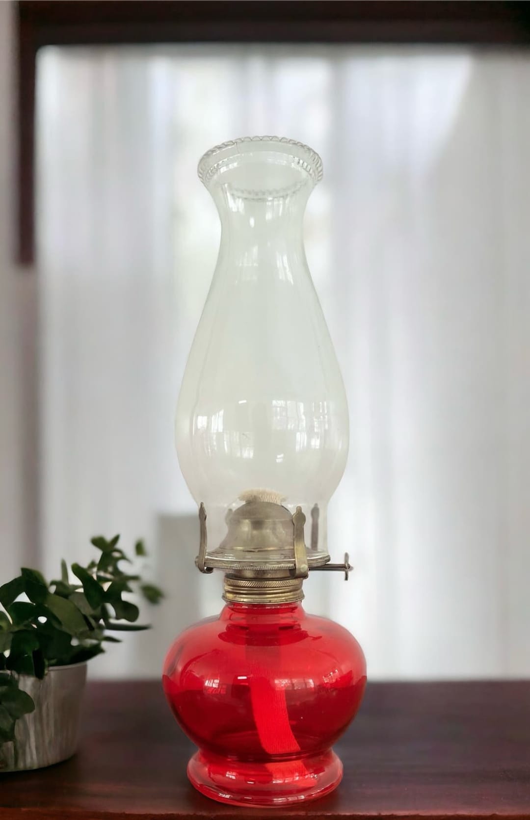 Red Kerosene Oil Lamp Clear Chimney - Etsy