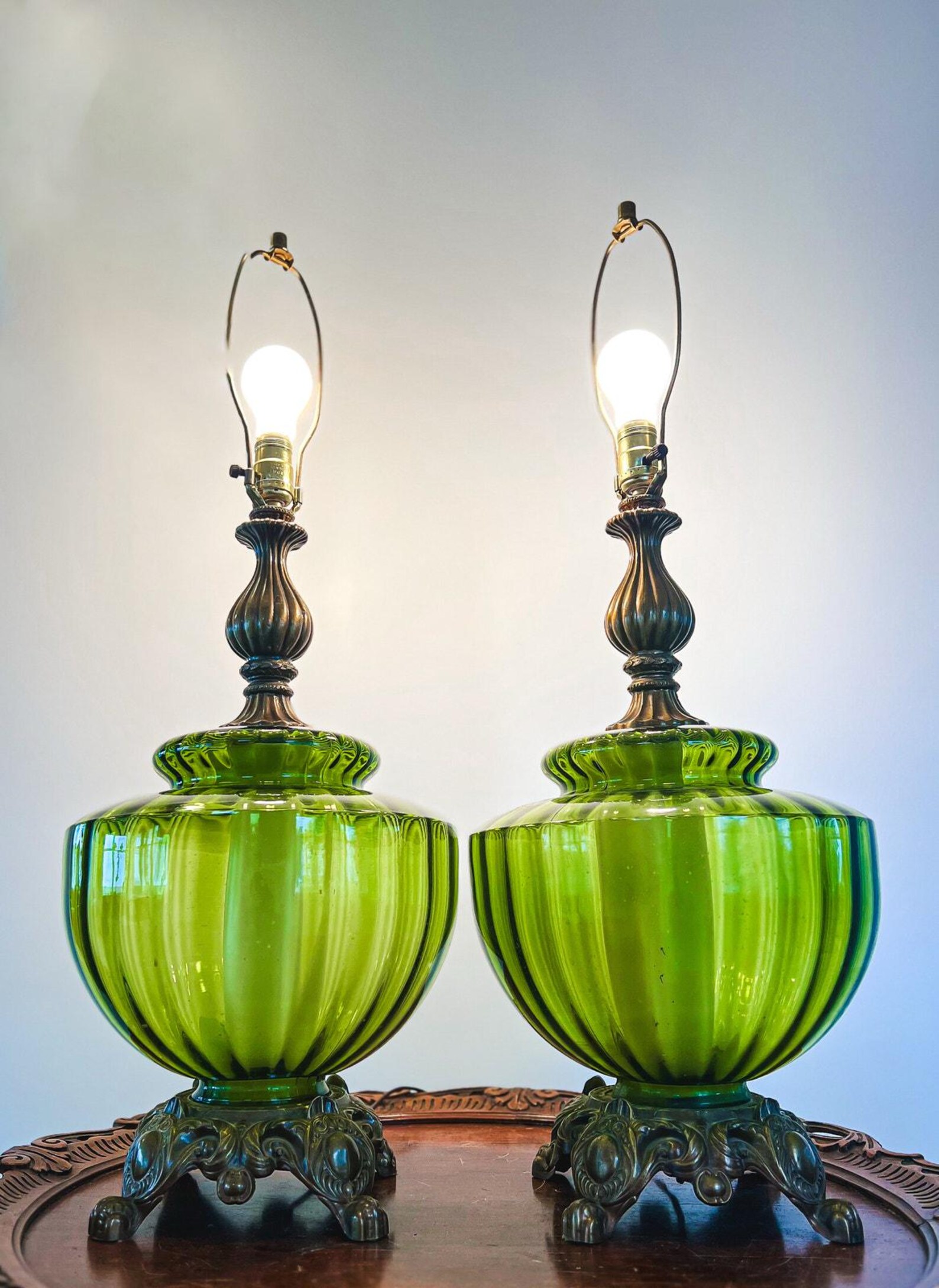 Mid-century Pair of Hollywood Regency EF & EF Green Extra Large Lamps ...