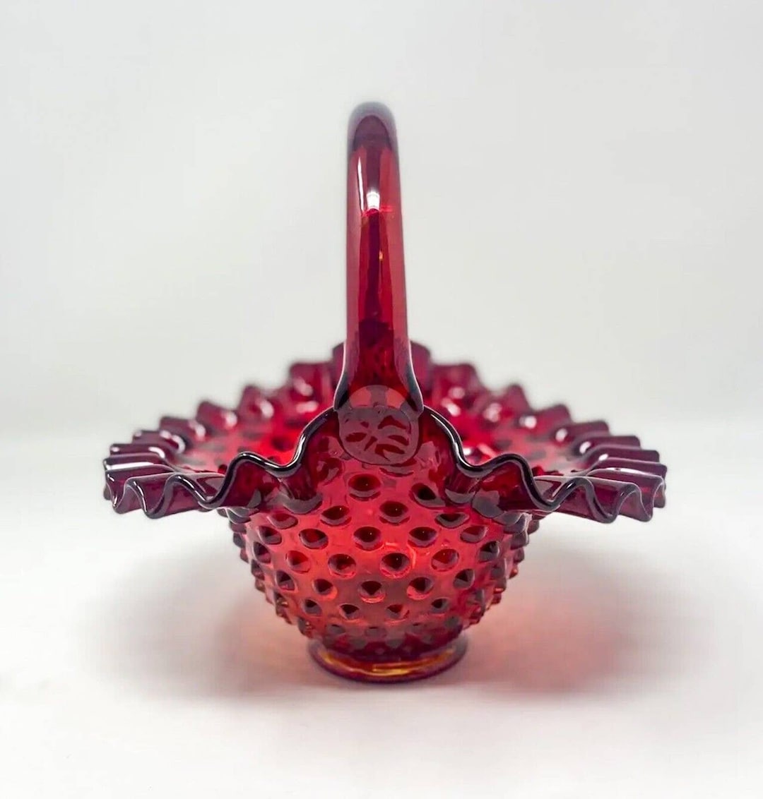 FENTON Ruby Red Glass Hobnail Handel Basket Home Decor Housewares Dish ...