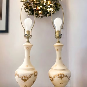 Pair White Frosted Glass Lamps Flower Base Vintage Style Hollywood ...