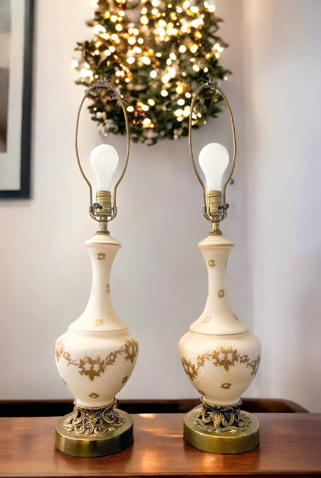Pair White Frosted Glass Lamps Flower Base Vintage Style Hollywood ...