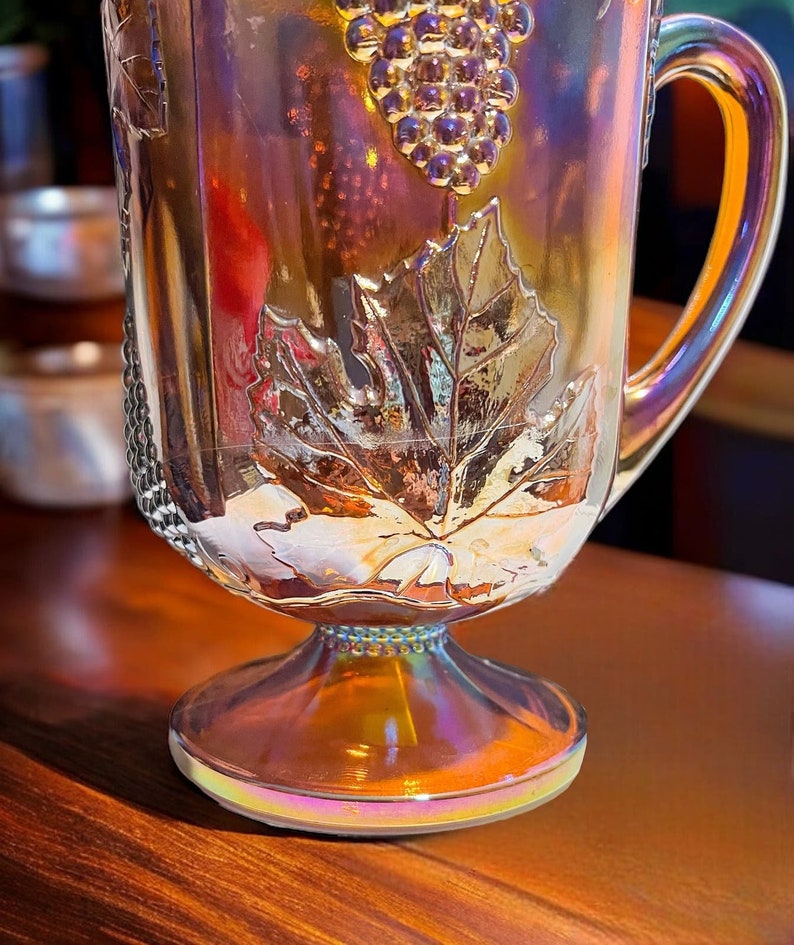 Vintage Carnival Glass Pitcher Harvest Grape Pattern Iridescent Amber ...