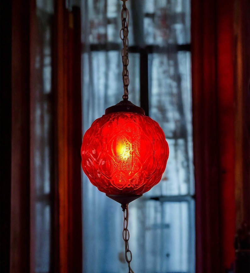 Vintage Swag Lamp Red Glass Globe Mid Century Ceiling Chain - Etsy