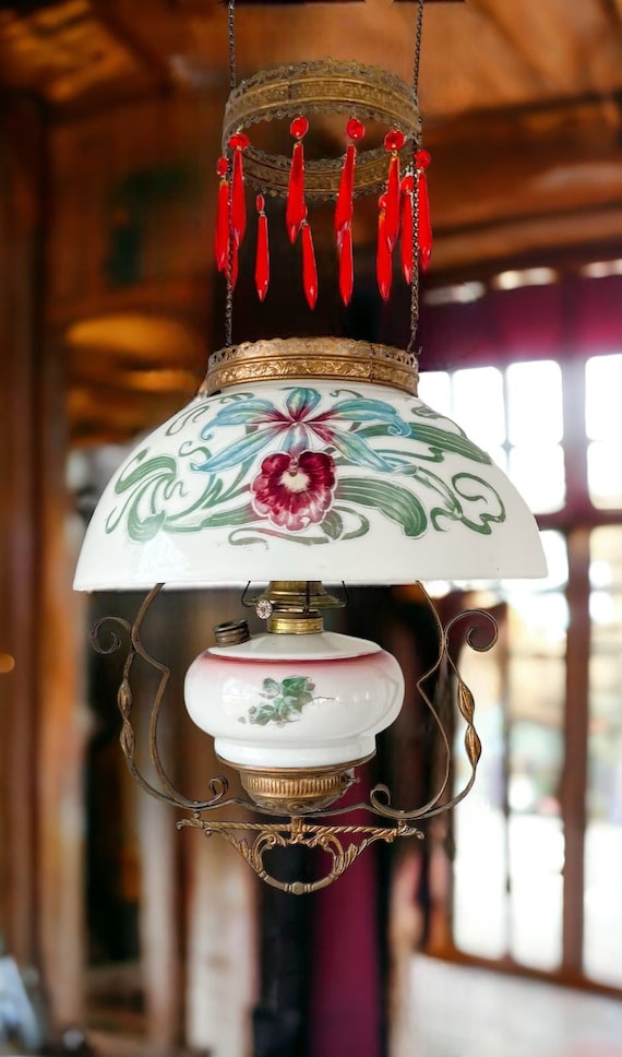 Victorian Ceiling Light Antique Glass Hurricane Early 20th Century