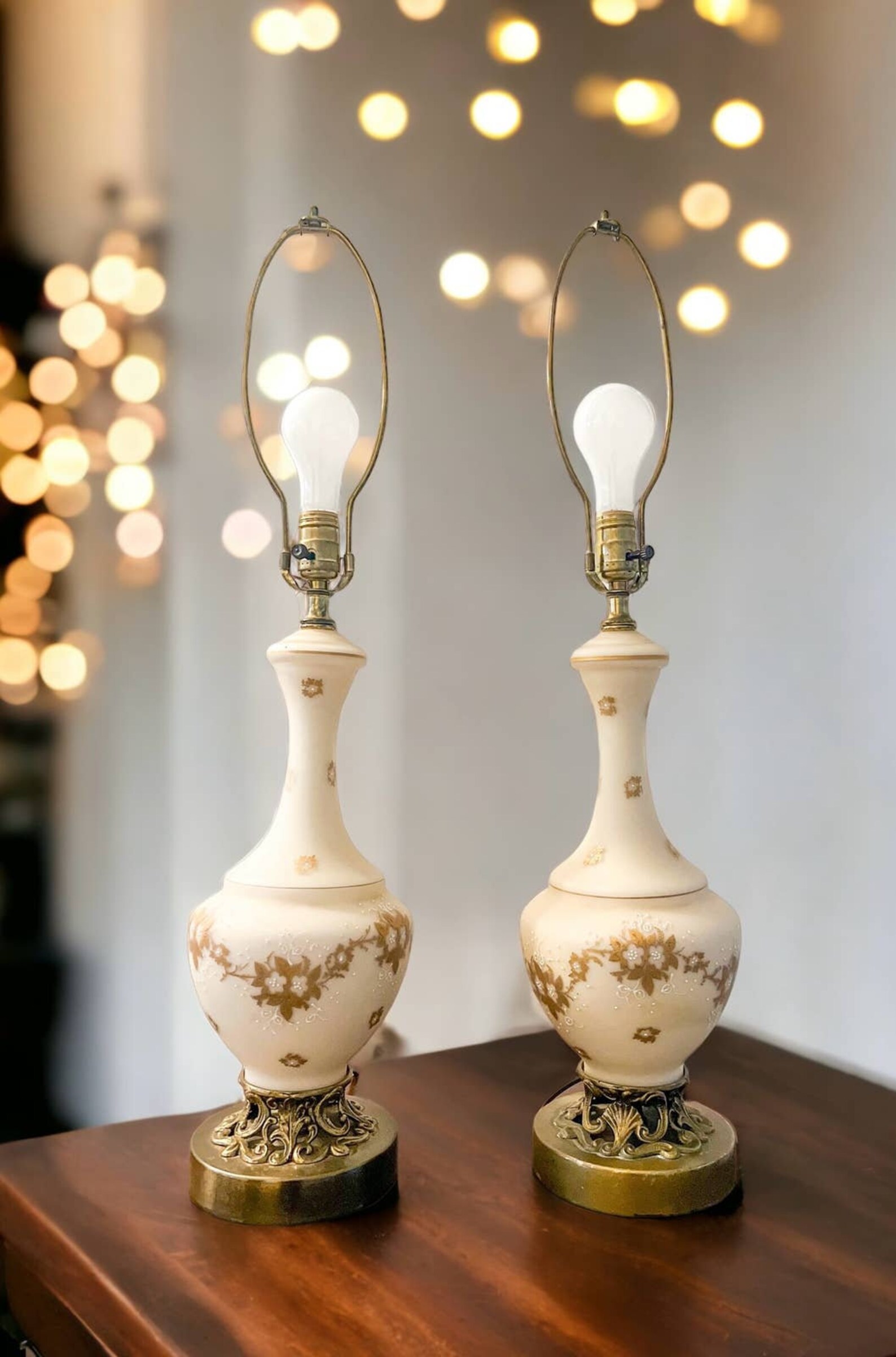 Pair White Frosted Glass Lamps Flower Base Vintage Style Hollywood ...