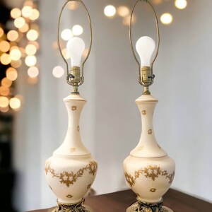 Pair White Frosted Glass Lamps Flower Base Vintage Style - Etsy