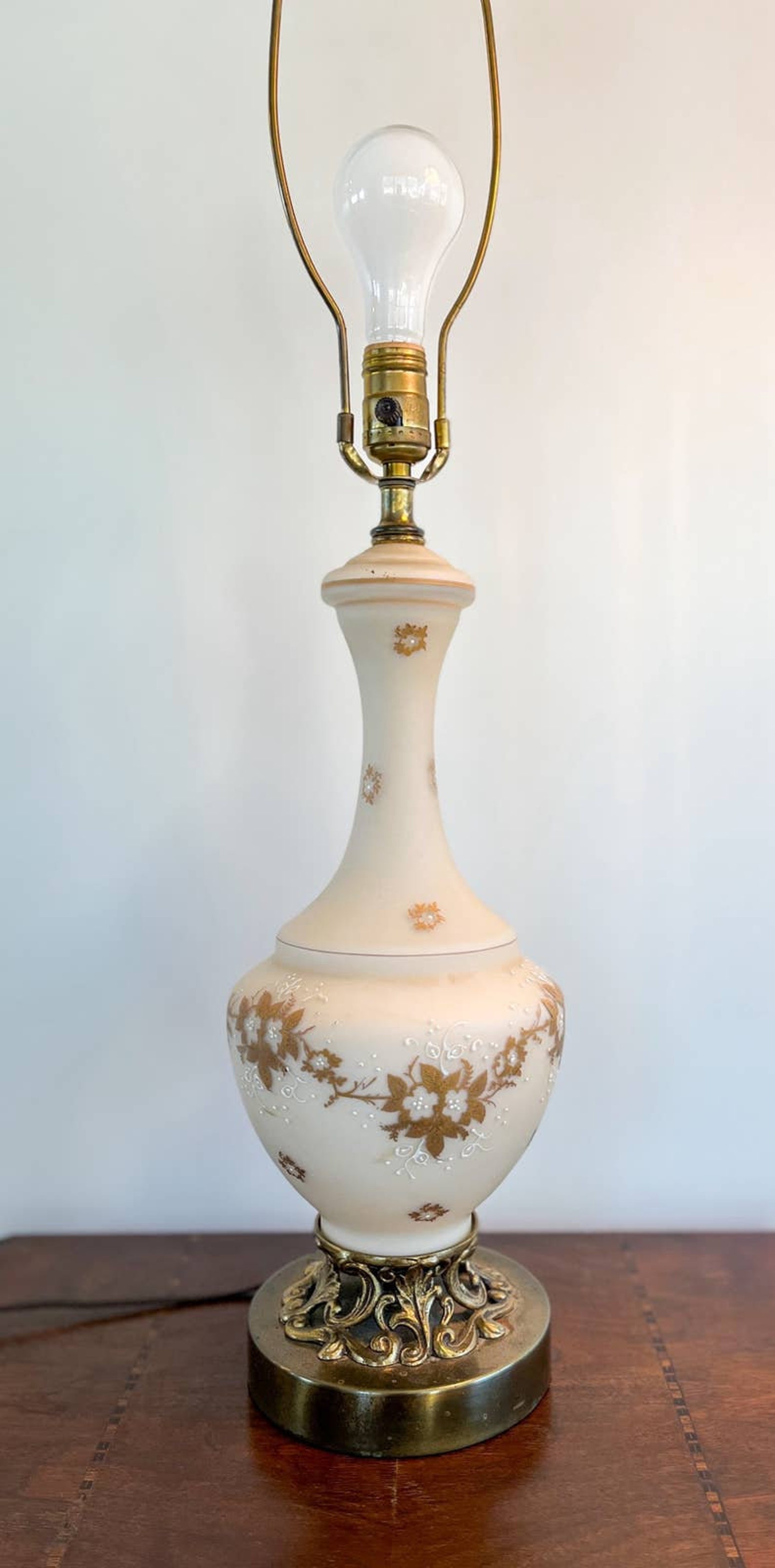 Pair White Frosted Glass Lamps Flower Base Vintage Style - Etsy