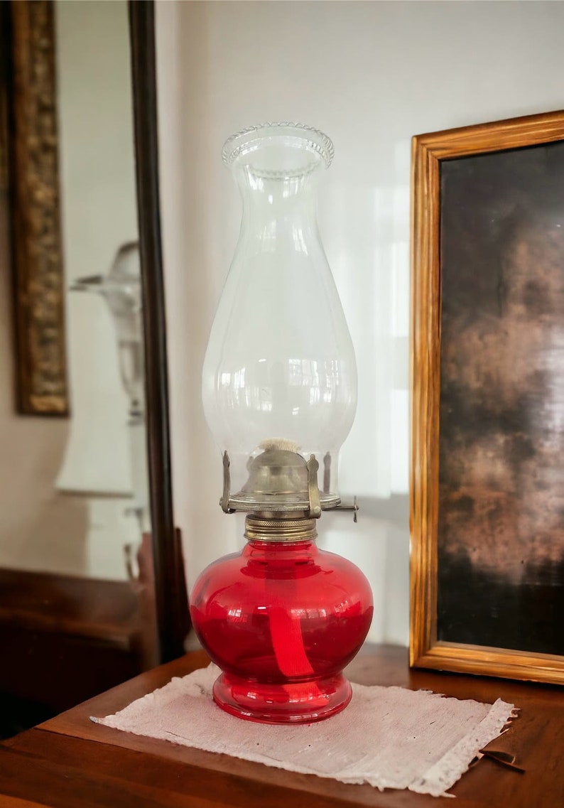 Red Kerosene Oil Lamp Clear Chimney - Etsy