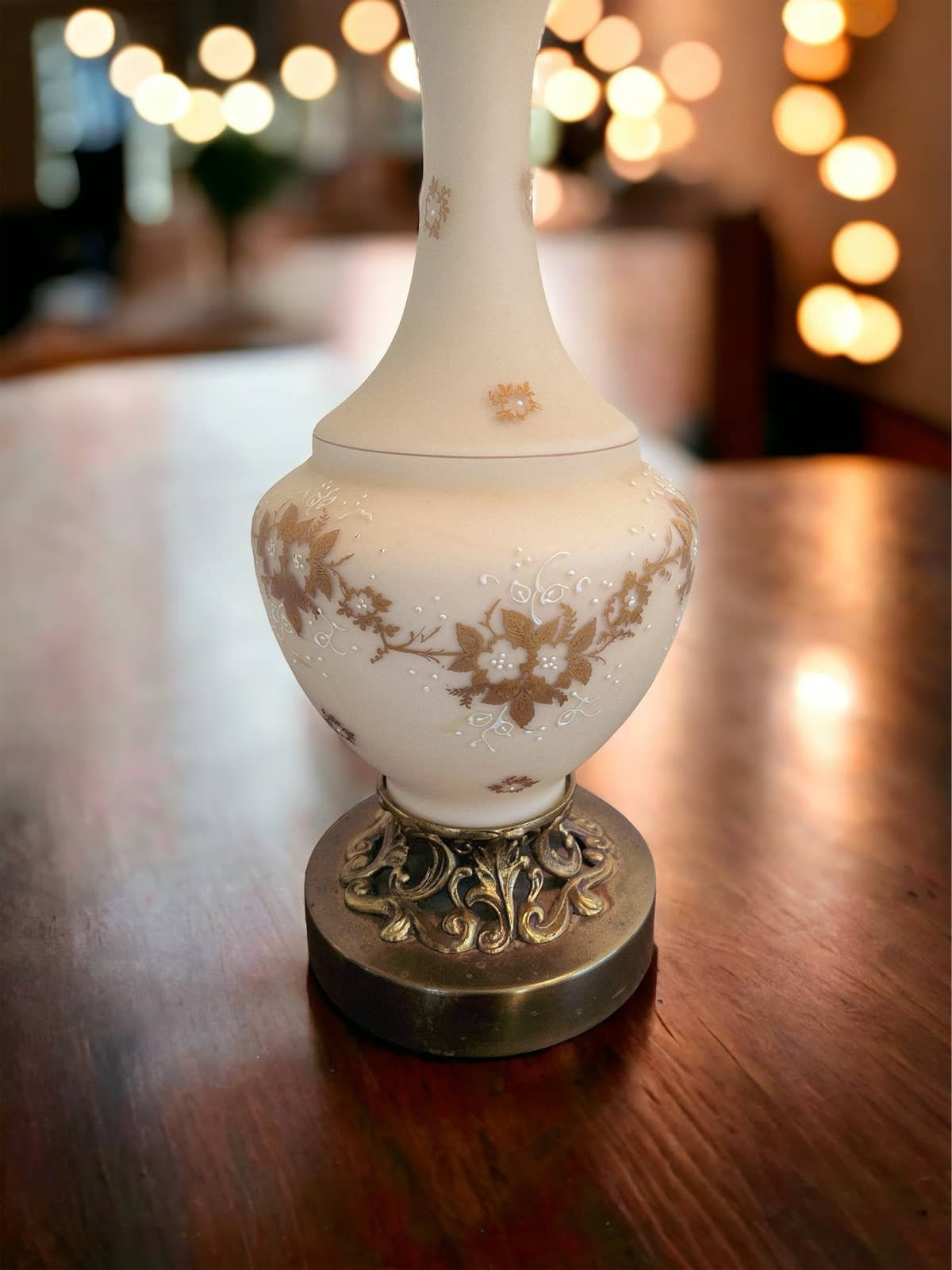 Pair White Frosted Glass Lamps Flower Base Vintage Style Hollywood ...