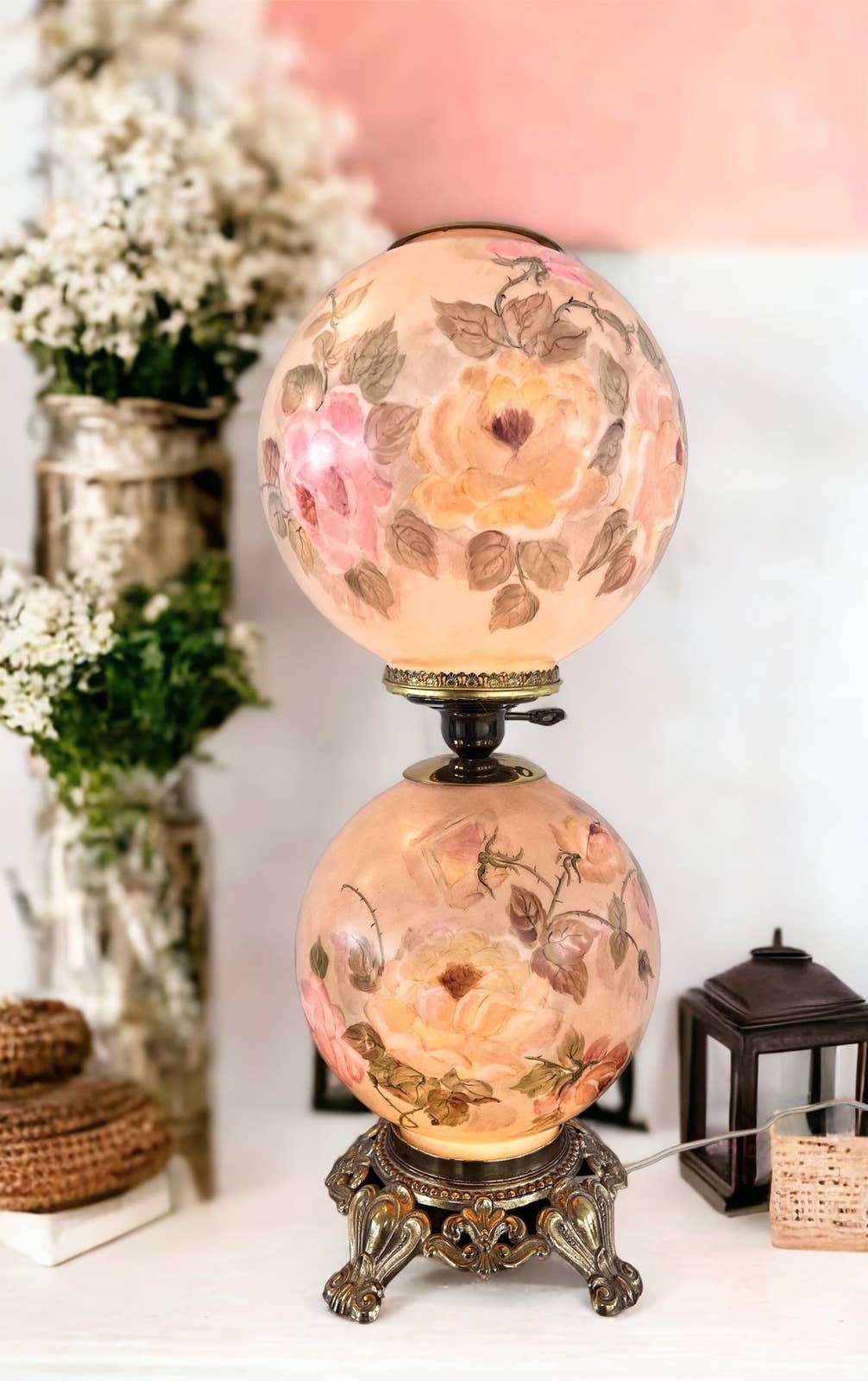 Hand Painted Floral Double Round Globe GWTW Lamp - Etsy