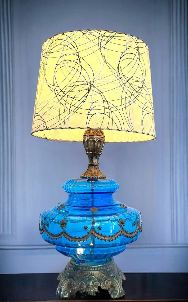 Mid-century Cobalt Blue Glass Lamp With Fiberglass Shade - Etsy