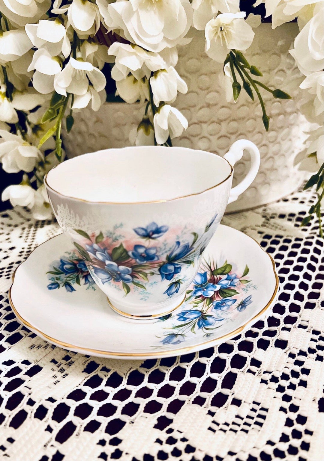 Vintage Royal Ascot Forget Me Not Tea Cup and Saucer English Bone China ...