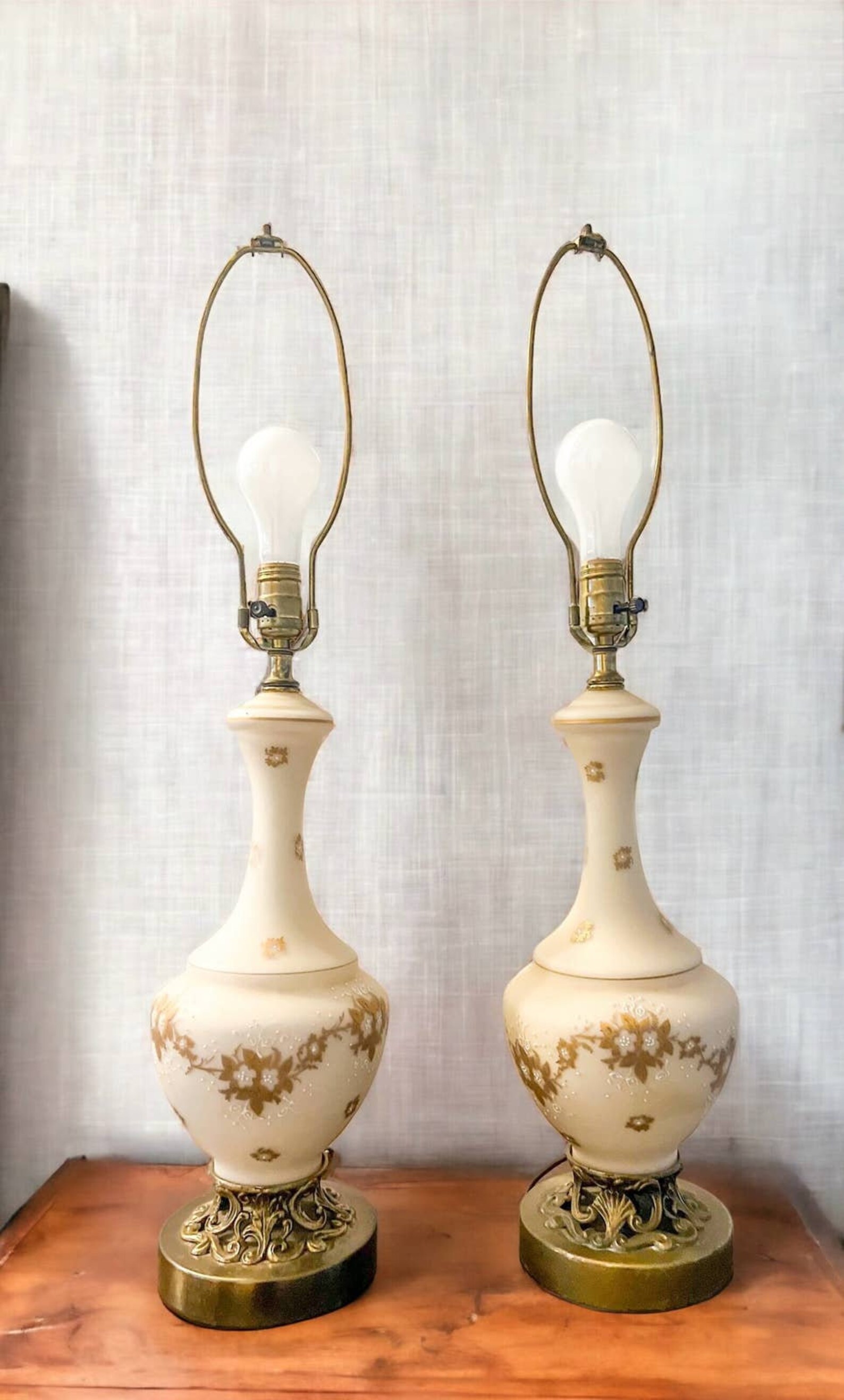 Pair White Frosted Glass Lamps Flower Base Vintage Style - Etsy