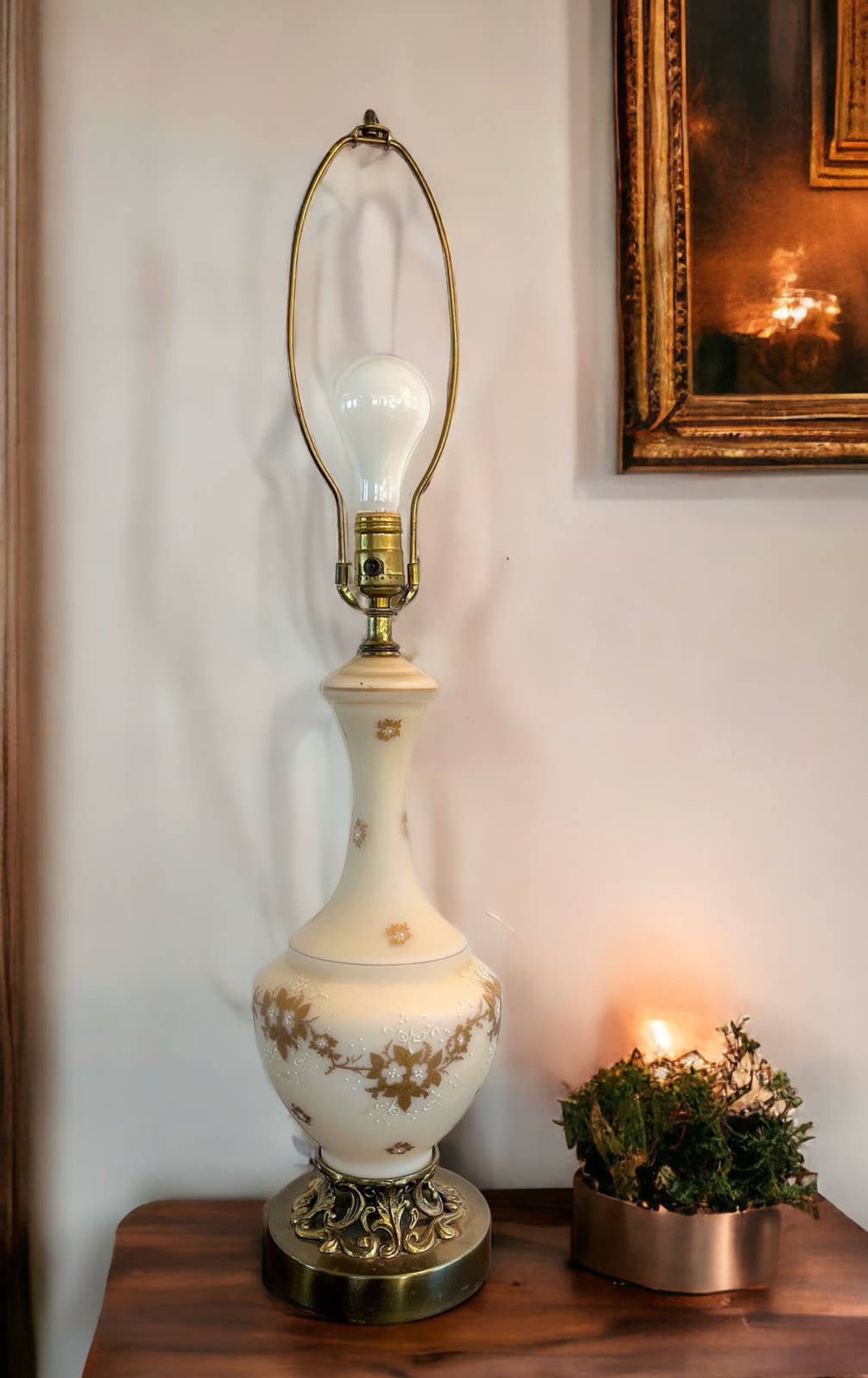 Pair White Frosted Glass Lamps Flower Base Vintage Style - Etsy