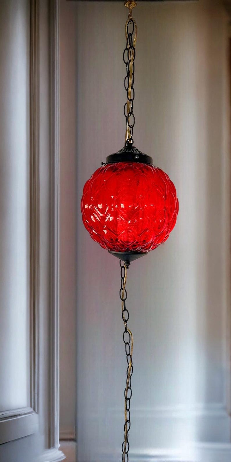 Vintage Swag Lamp Red Glass Globe Mid Century Ceiling Chain - Etsy