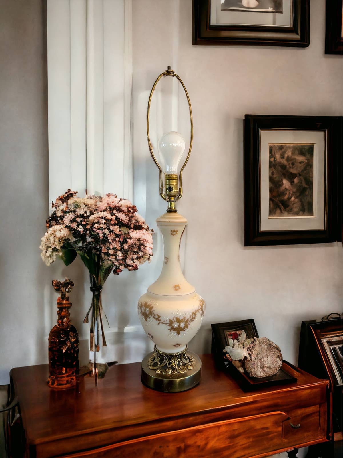 Pair White Frosted Glass Lamps Flower Base Vintage Style - Etsy