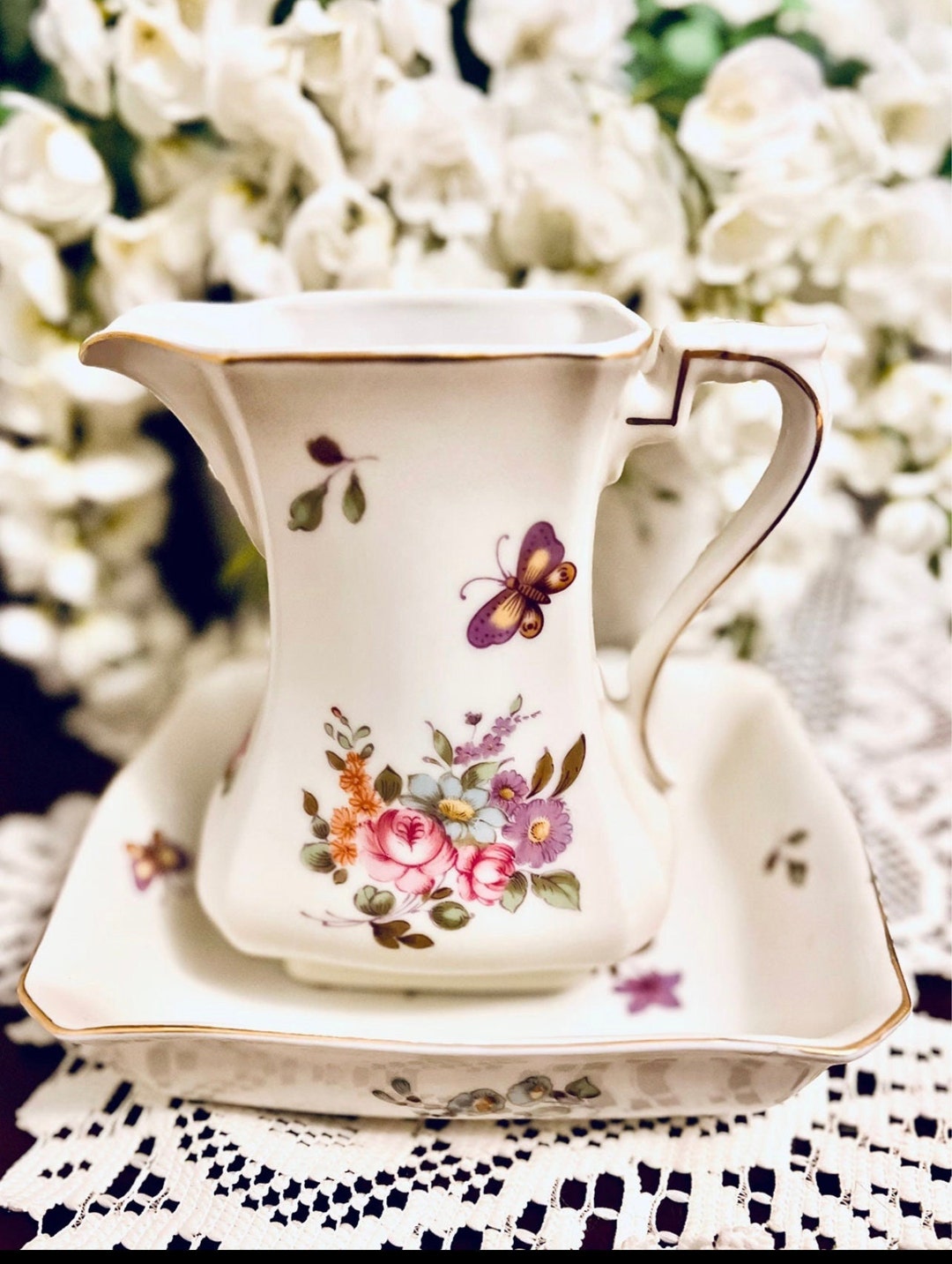 Vintage Lefton Creamer Pitcher XA8135 Floral Flowers Butterfly - Etsy