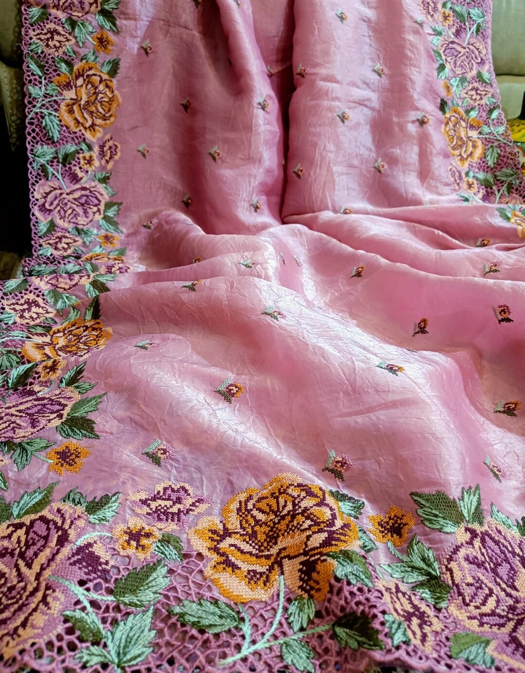 Beautiful Crushed Kora Tissue Saree With Cutwork Border. - Etsy