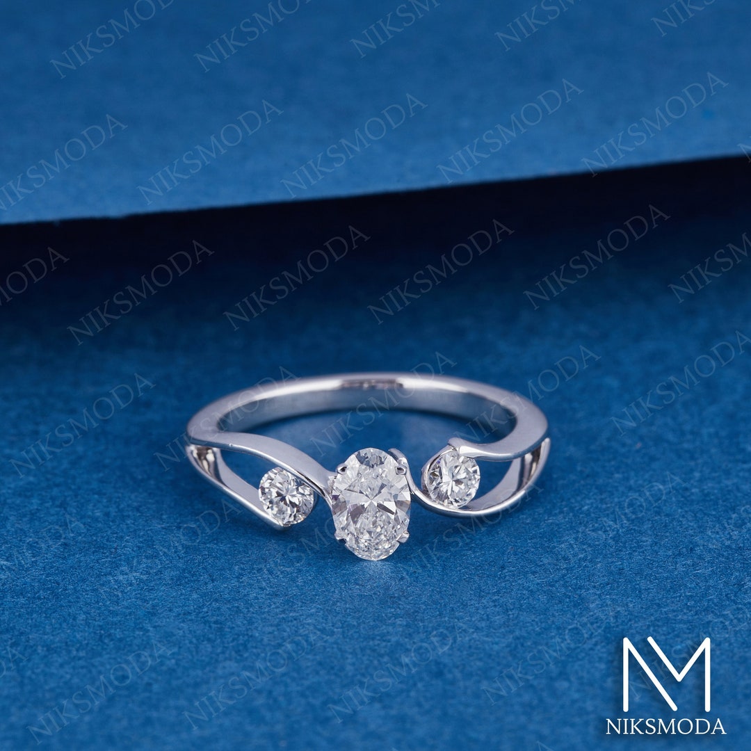 Tension Oval Shaped 3 Stone Engagement Ring in 18K White Gold, Wedding ...