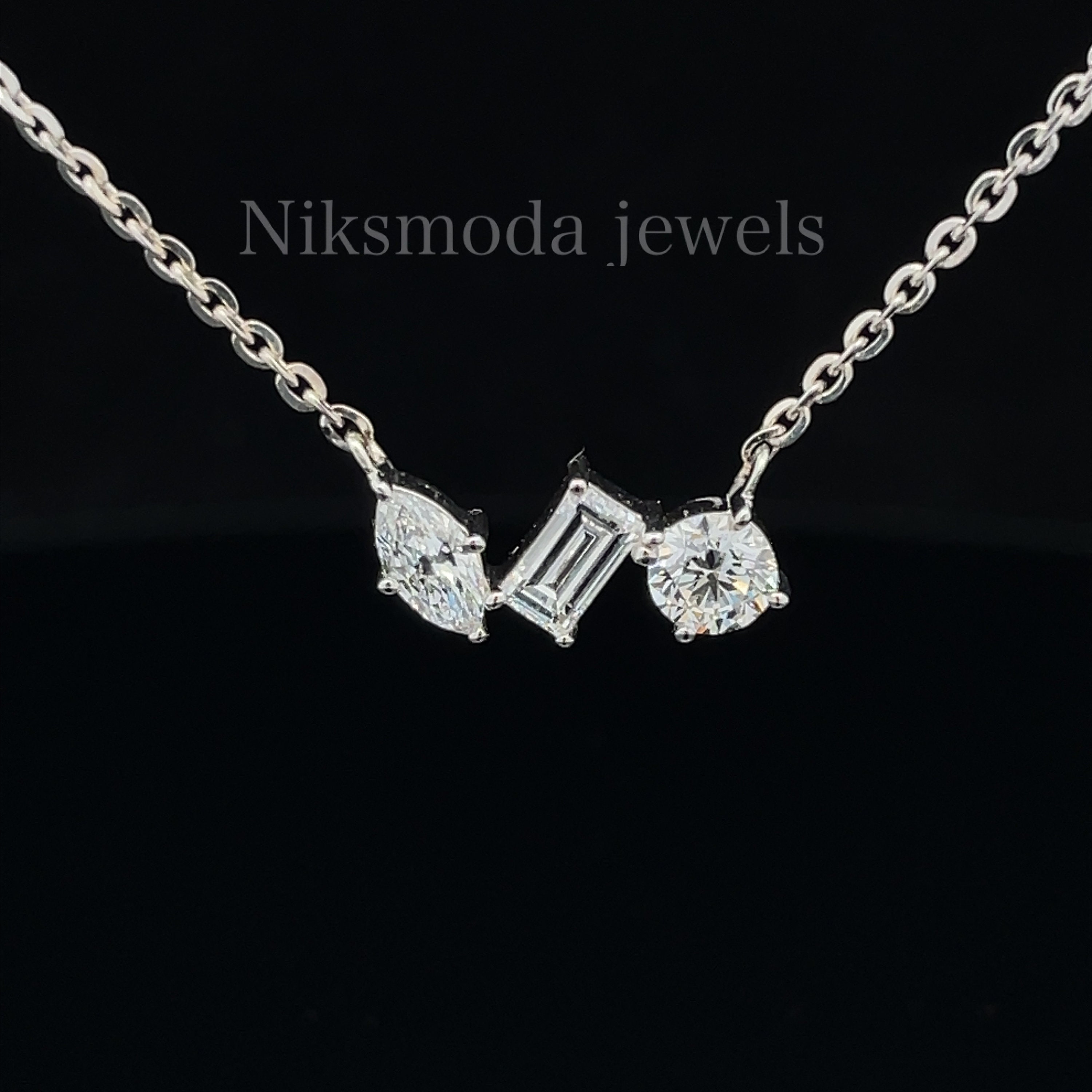 Trio Diamond Necklace Floating Diamond Dainty Diamond Necklace 14K Solid Gold Trio Stone Diamond ...