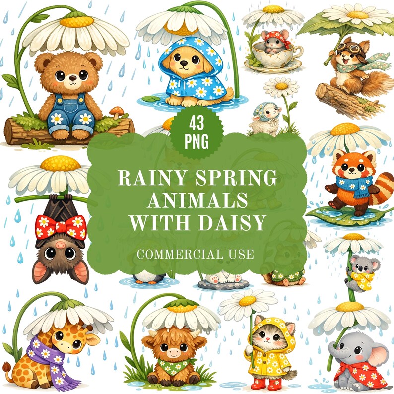 Rainy Spring Animals With Daisy Clipart PNG Bundle, Whimsical April ...