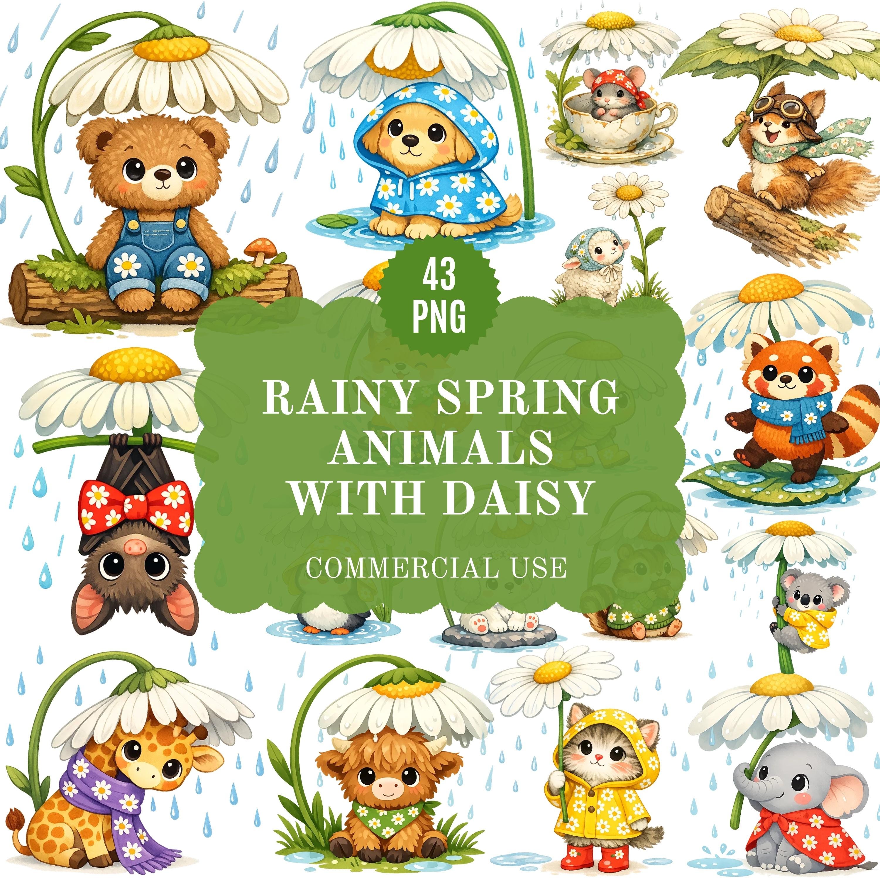 Rainy Spring Animals With Daisy Clipart PNG Bundle, Whimsical April ...