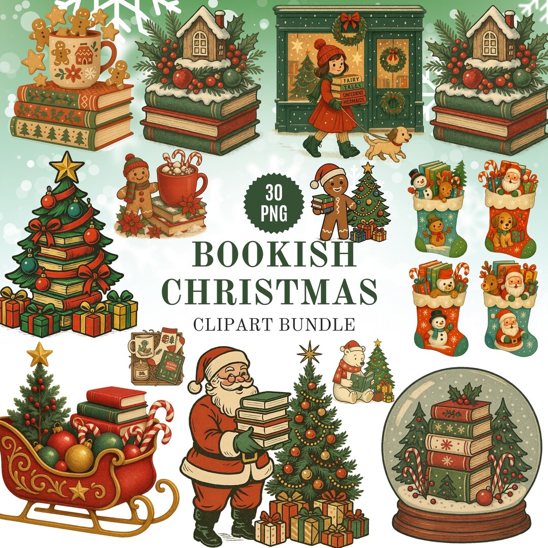 Bookish Christmas PNG Clipart Bundle, Vintage Books Retro Holiday for ...