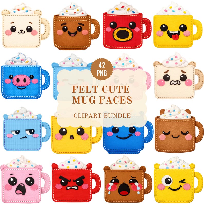 Felt Kawaii Mug PNG Clipart Bundle, Cute Hot Cocoa Coffee Cup Faces ...