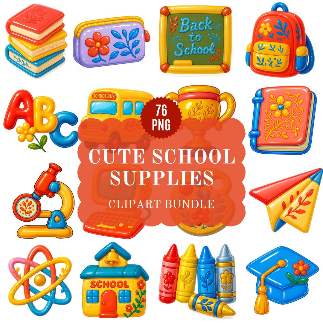 School Supplies PNG Clipart Bundle | Back to School Kawaii Designs ...