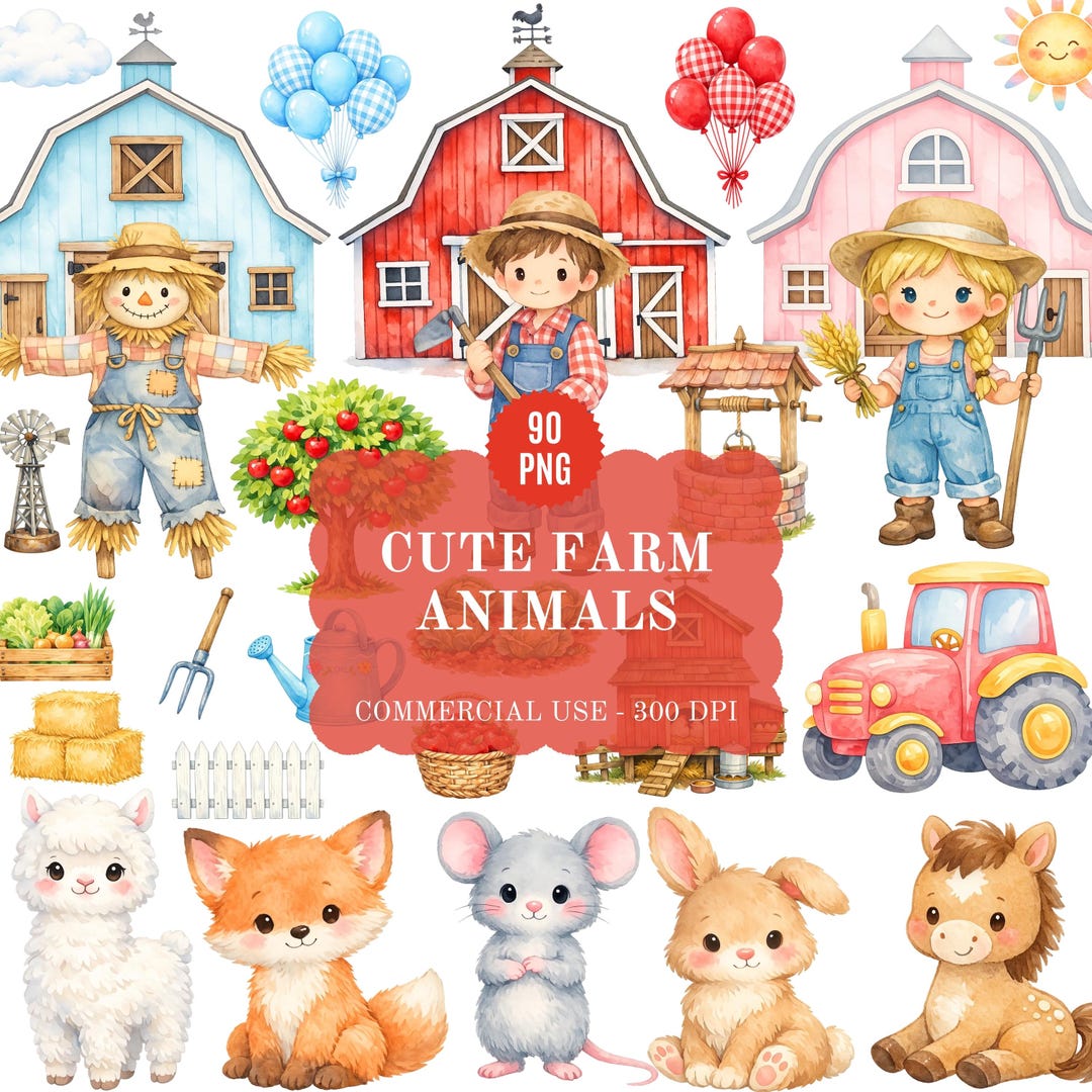 Cute Farm Animal Clipart PNG Bundle | Watercolor Baby Animals, Barn ...