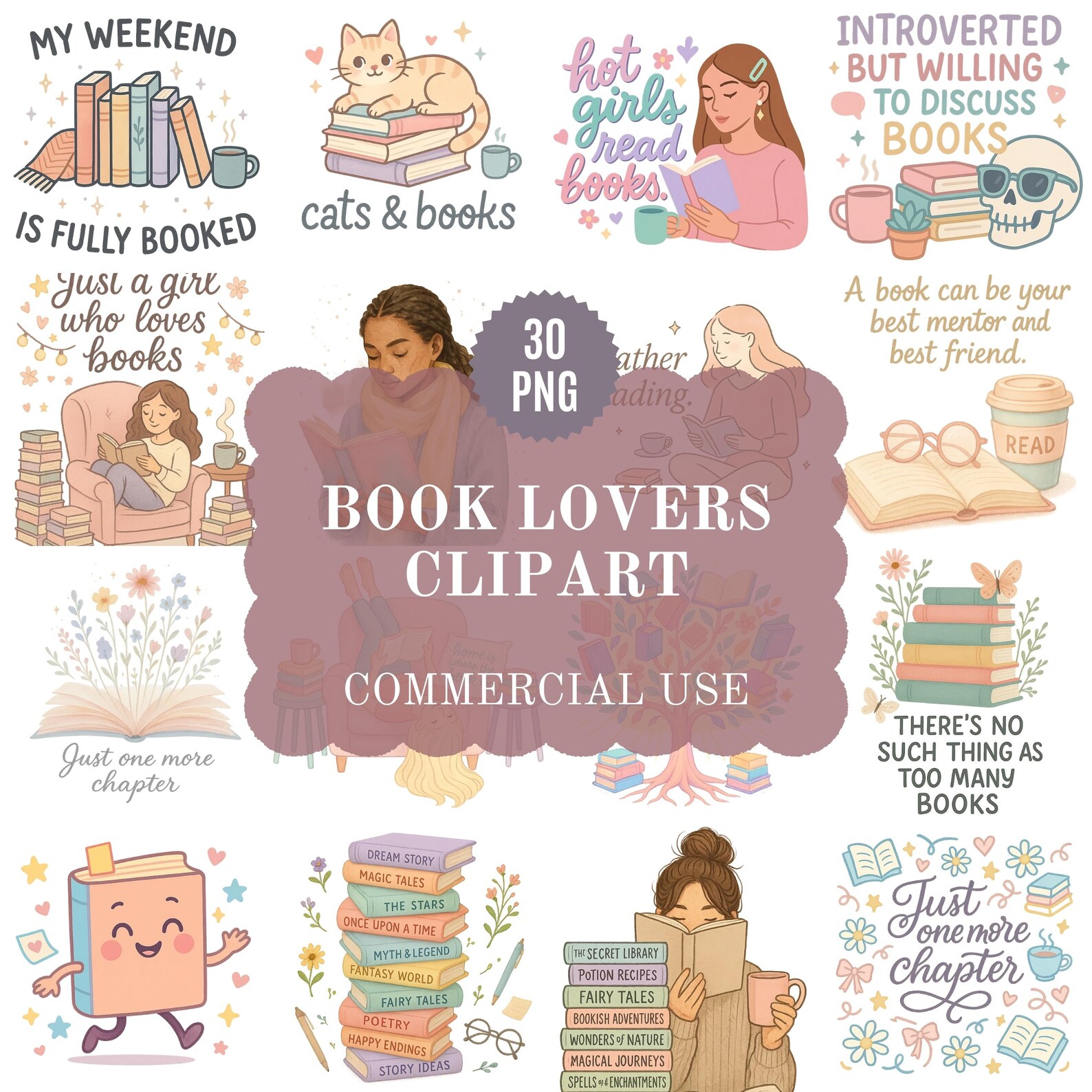 Bookish PNG Clipart Bundle, Book Lover Reading Girl Quotes for ...