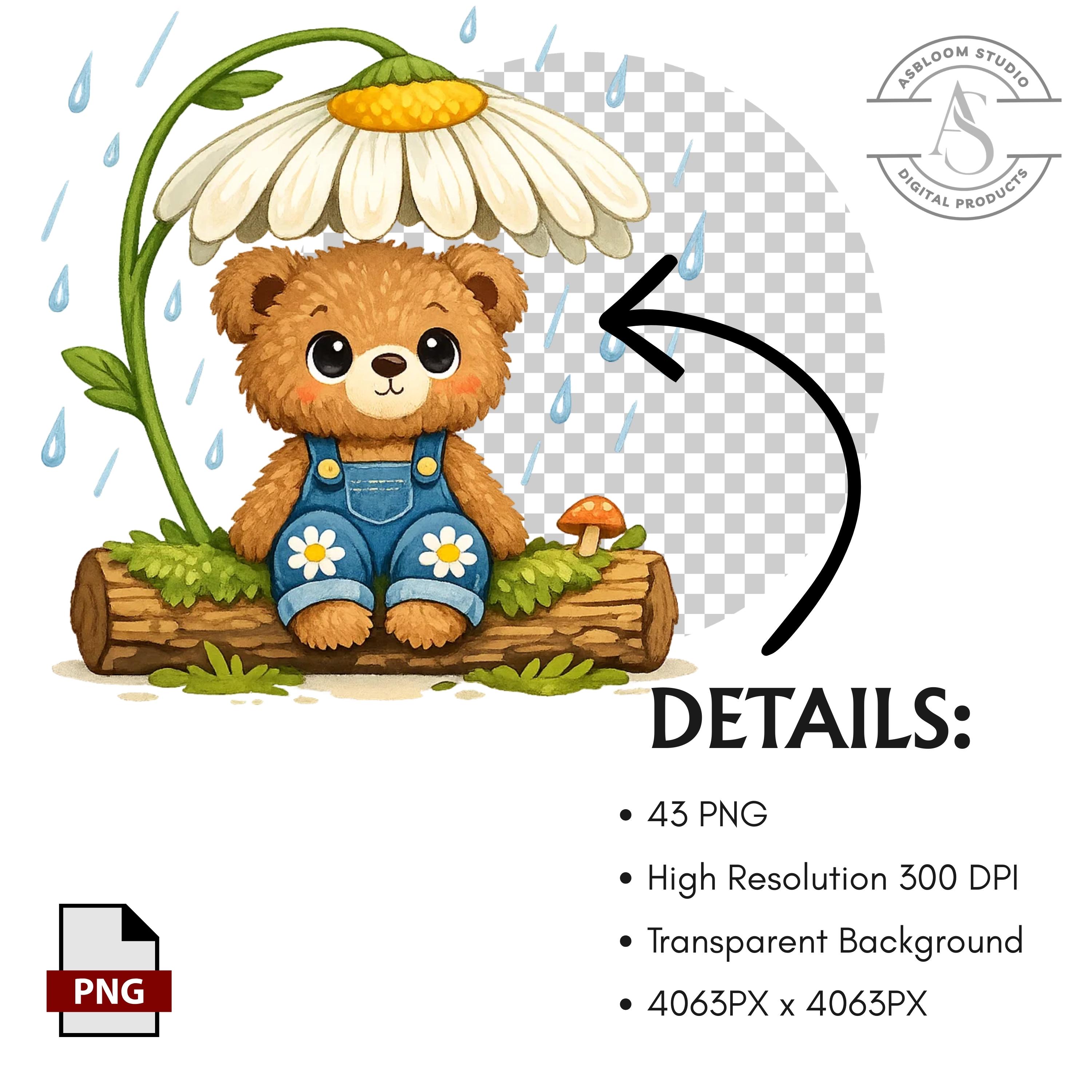 Rainy Spring Animals With Daisy Clipart PNG Bundle, Whimsical April ...
