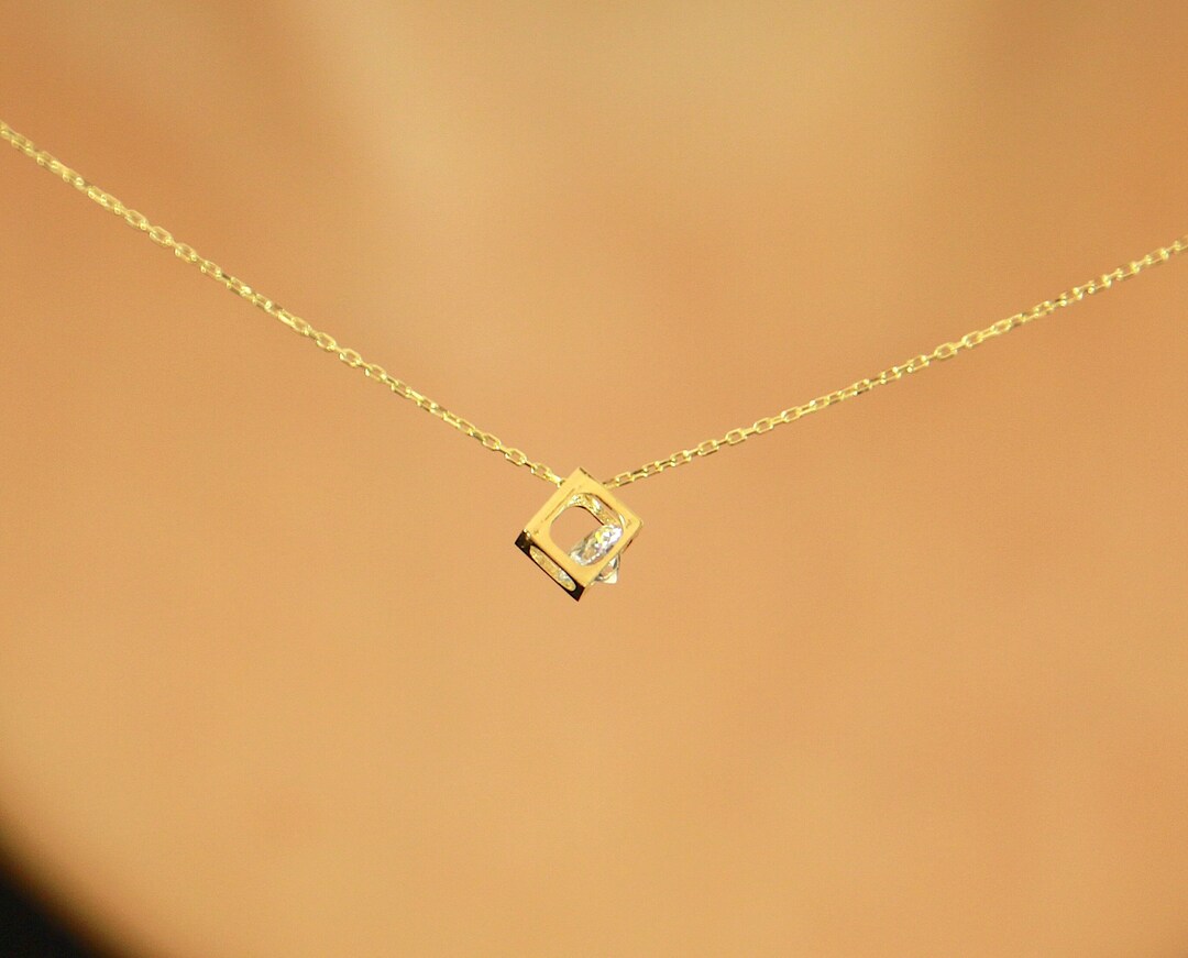 3D Cube Necklace , 14k Solid Gold Daimond Shape Zirconia in Cube ...