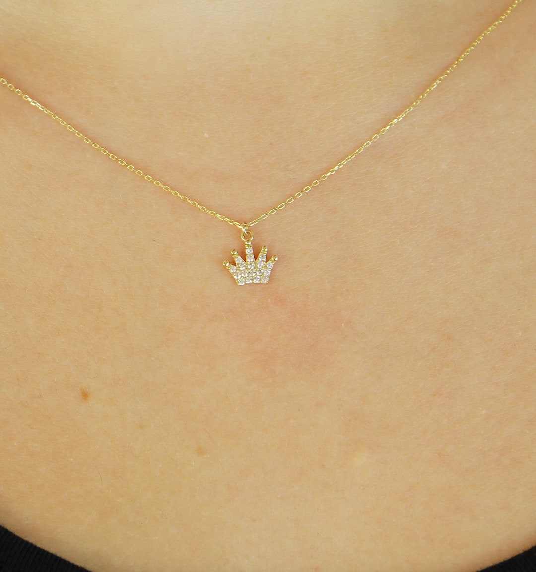 Dainty 14k Solid Gold Crown Necklace, Handmade Minimalist Crown Pendant ...