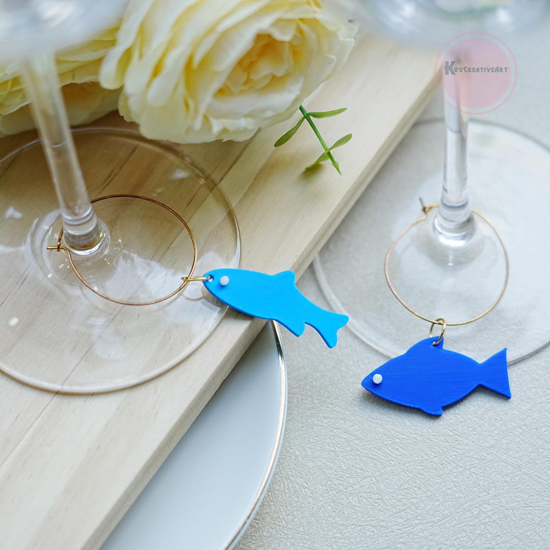 3D Printed Fish Wine Glass Charms Decor, 35MM Gold Wine Charms Markers ...