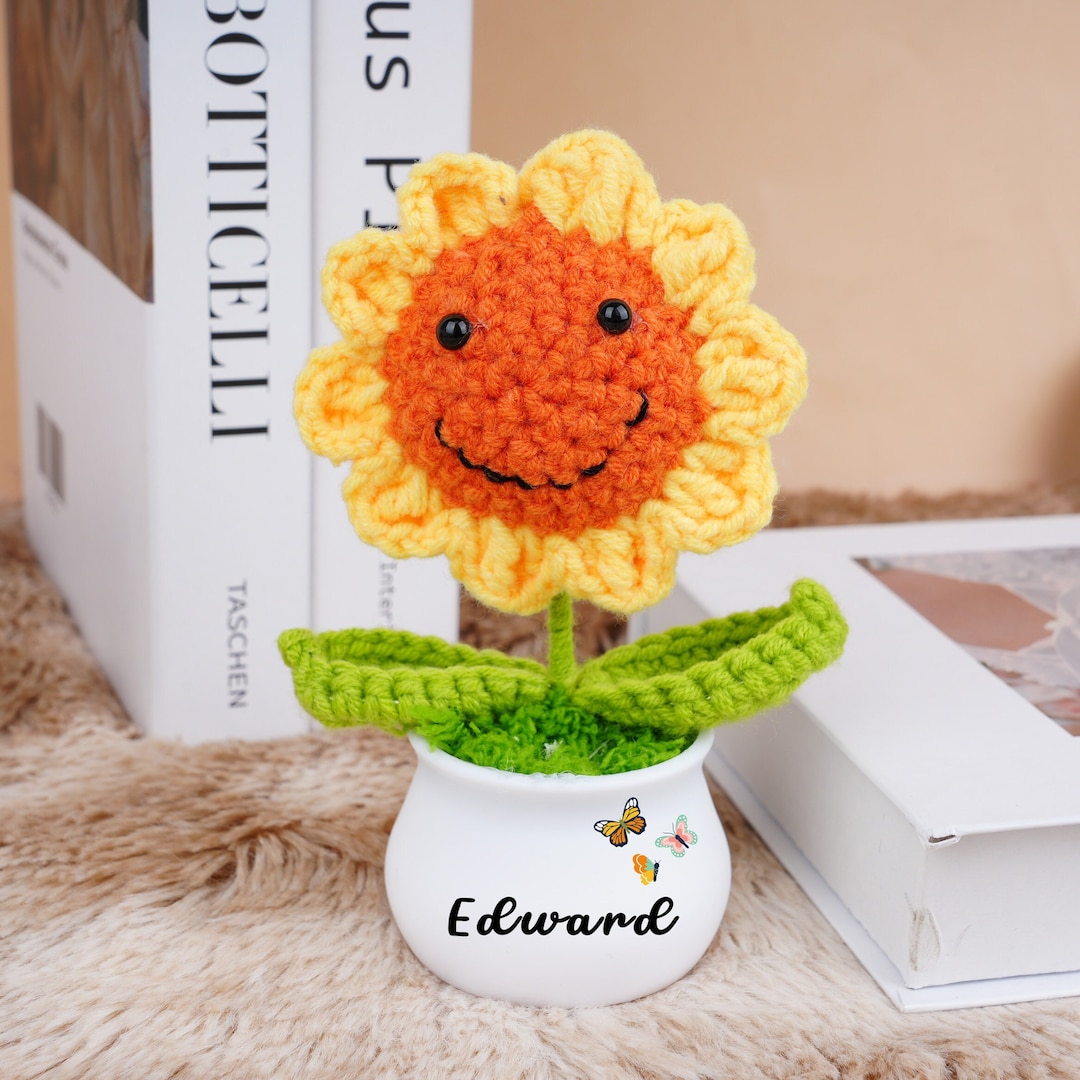 Custom Sunflower Knitted Flowers Pots, Handmade Knitted Potted ...