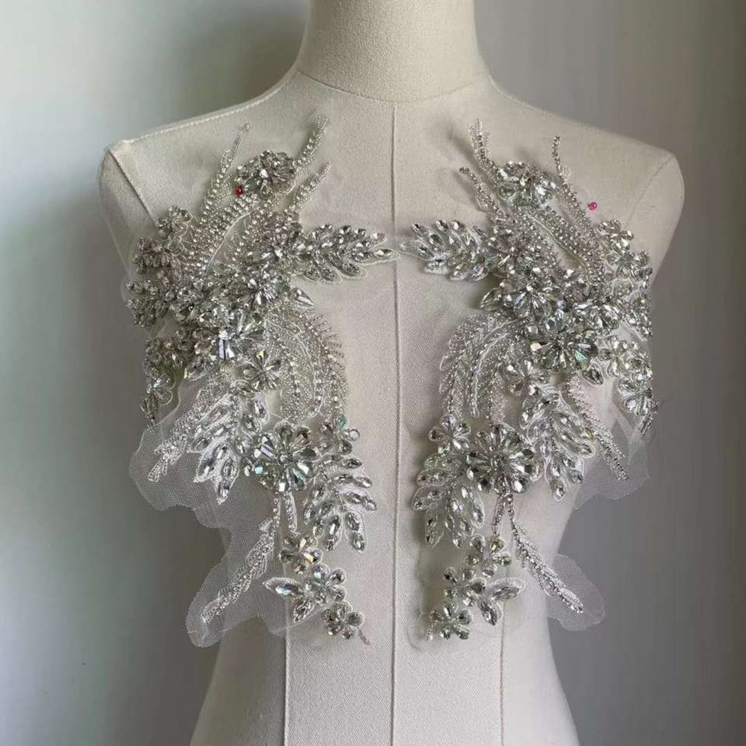 Beaded Sparkling Rhinestone Appliqué Sew-on Patches in Silver and Gold, Dress Embellishment ...