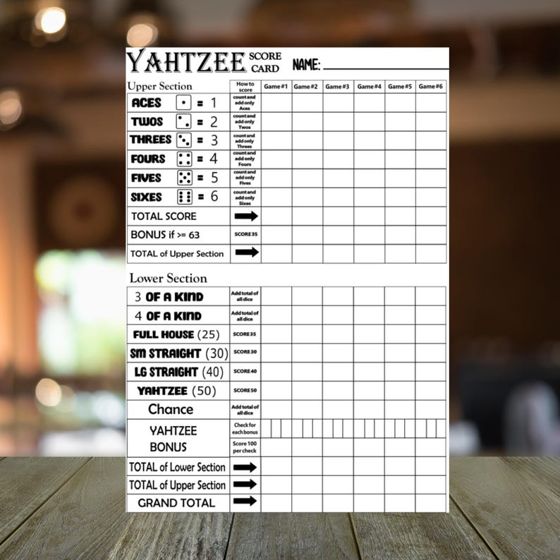 Printable Yahtzee Scorecard: Game Night PDF Template (letter, A4, Half ...