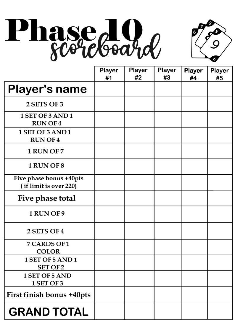 Printable Phase 10 Game Board PDF | A4 A5 US Letter Sizes | Instant ...