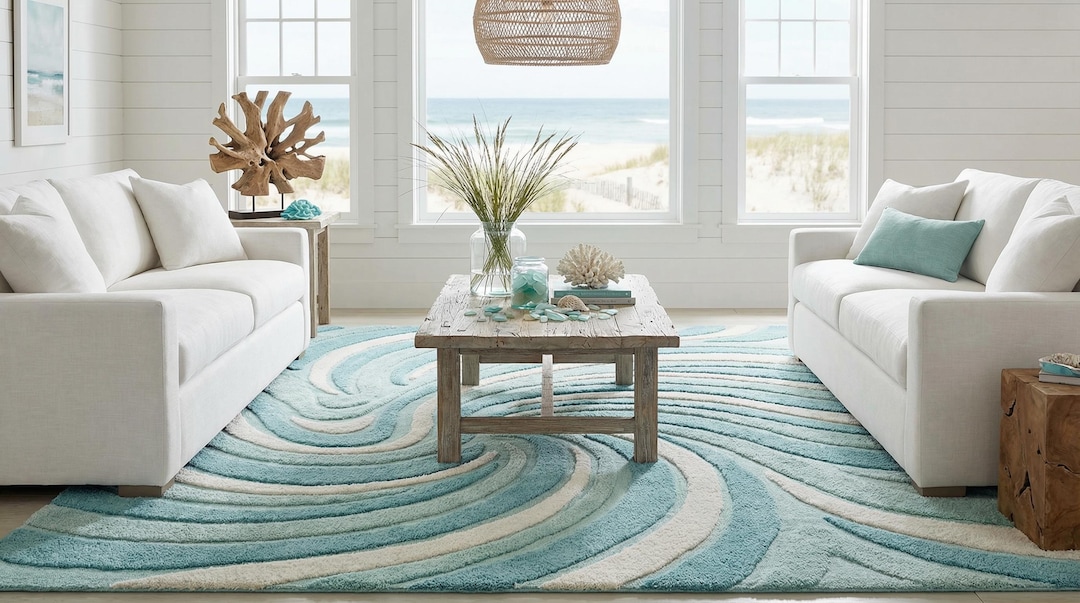 Aqua Blue Coastal Wave, Sculpted Ocean Design Hand Tufted Wool Area Rug ...